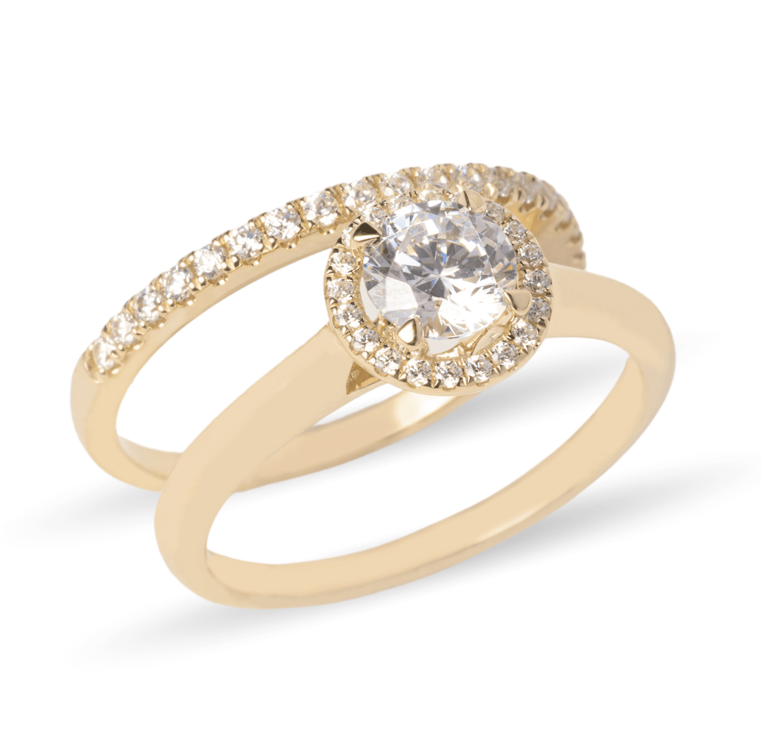 Dúo de Boda oro 14k / Zirconias halo redondo - Sol de Oro Joyería