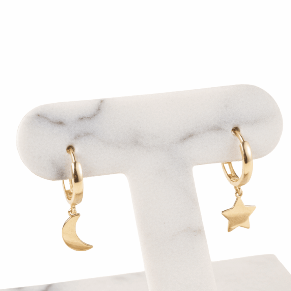 Aretes argollas luna y estrella oro 14K | Sol de Oro Joyería